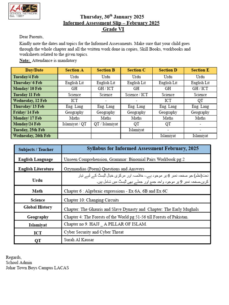 Grade VI Informed Assessment Schedule | PDF