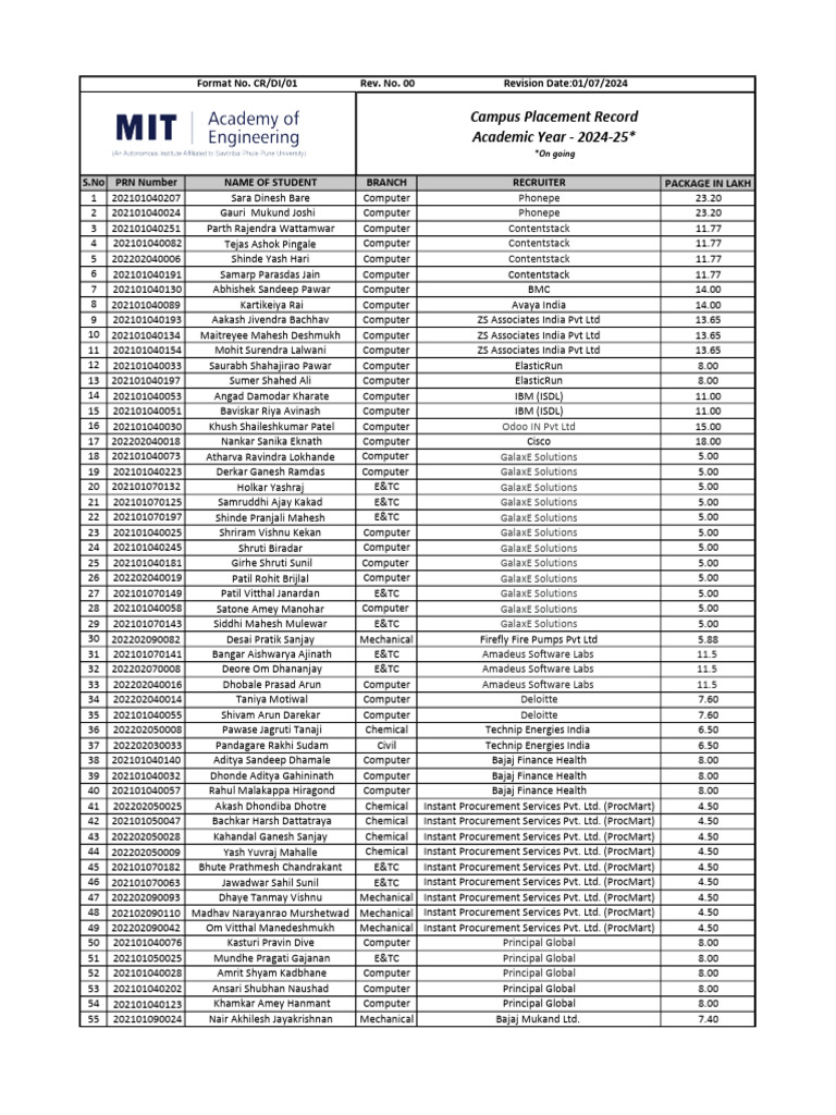 Campus Placement Record 2024-25 | PDF