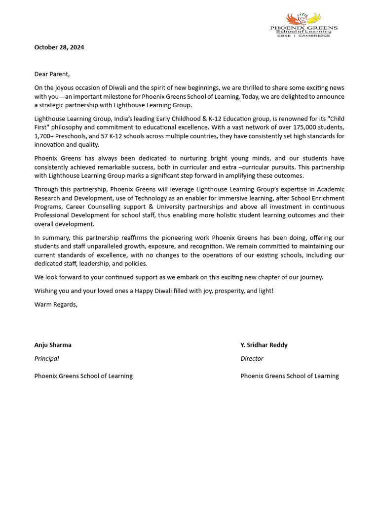 Phoenix Greens Communication Letter To Parents | PDF
