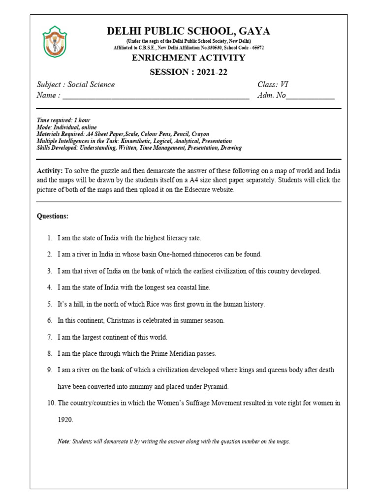 Social Science Enrichment Activity VI | PDF | Cognition