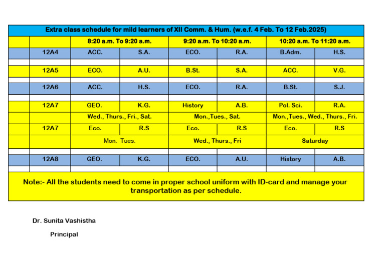 Extra Class Schedule for XII Comm. & Hum. | PDF