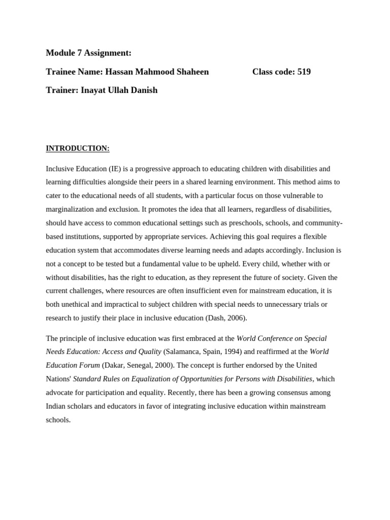 ASSIGNMENT#7 | PDF | Inclusion (Education) | Special Education