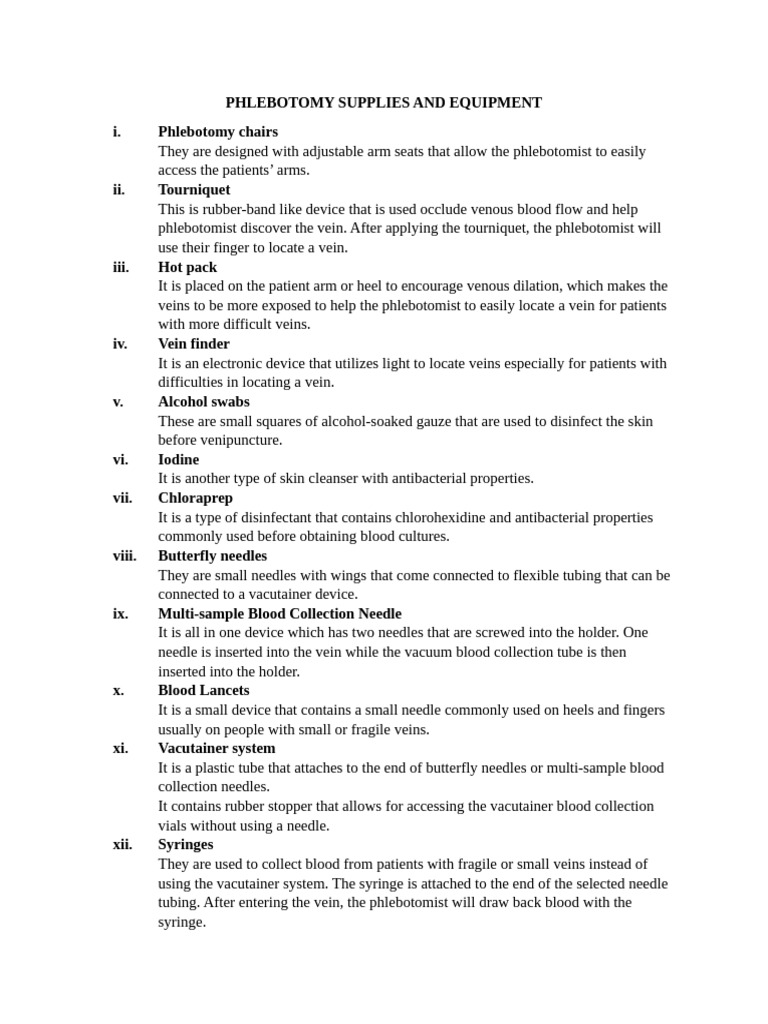 Phlebotomy Supplies and Equipment | PDF | Clinical Medicine | Hematology