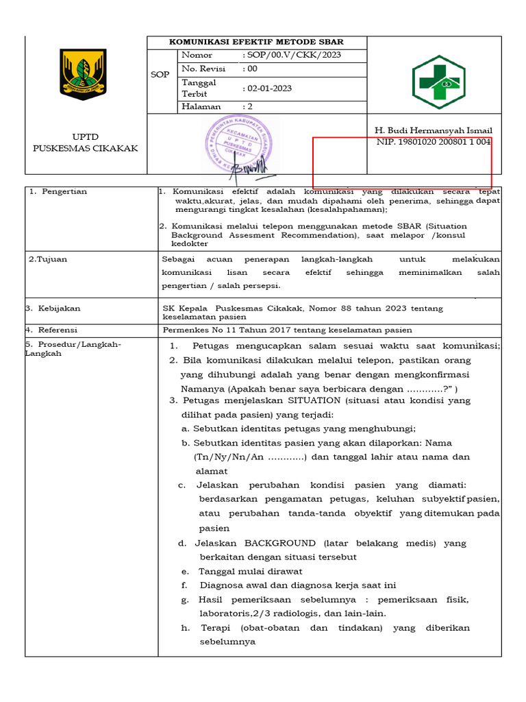 SOP komunikasi Verbal SBAR | PDF