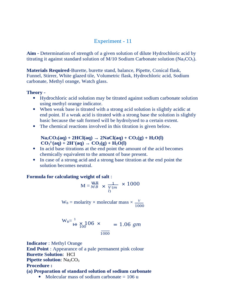 class 11 -HCL Vs Na2CO3 | PDF | Titration | Chemistry