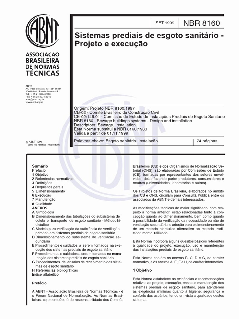 NBR 8160 (1999) - Sistemas Prediais de Esgoto Sanitário | PDF | Águas ...