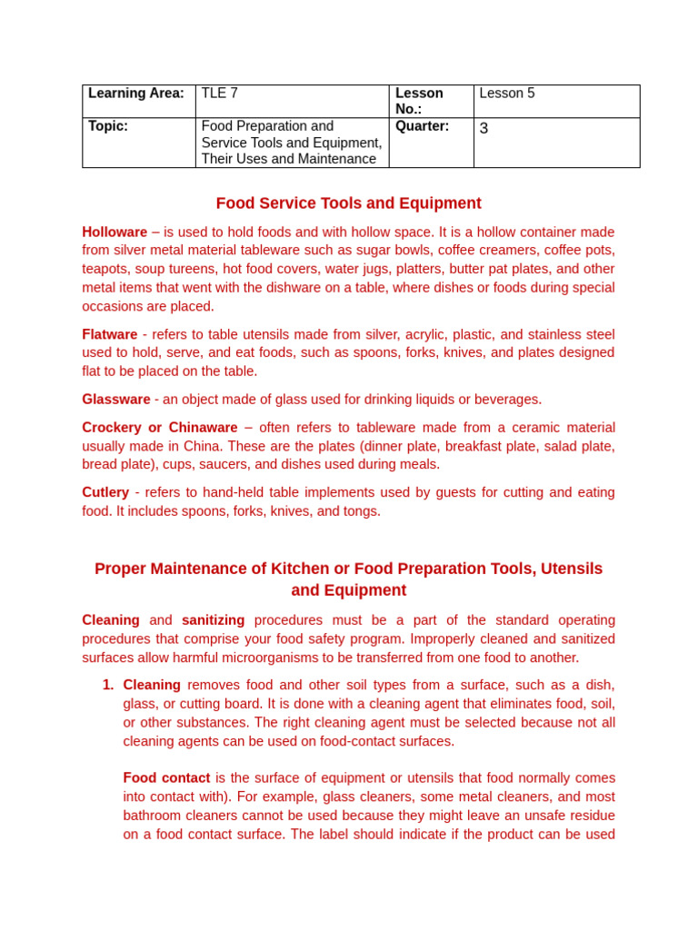 Food-Service-Tools-and-Equipment-and-Maintenance | PDF | Tableware