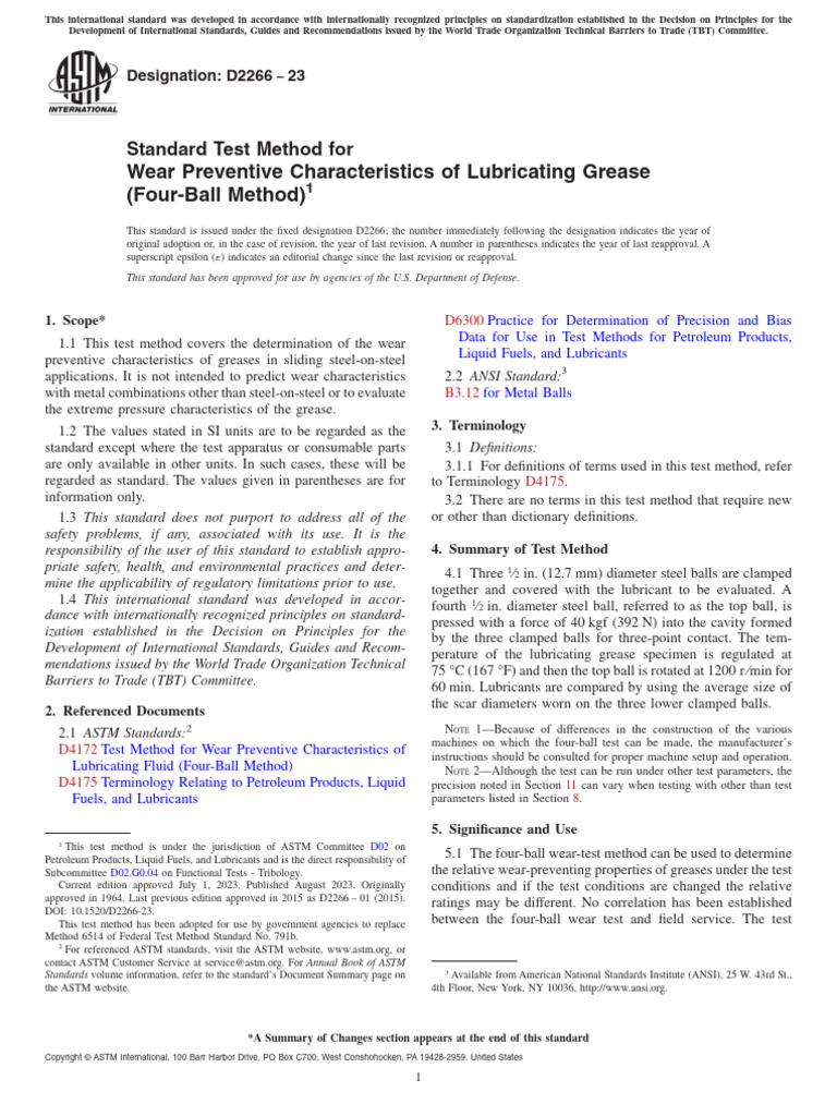 ASTM D2266-23 (Four-Ball Method) | PDF | Wear | Lubricant