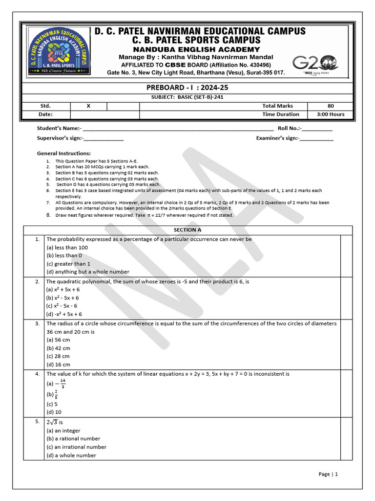 NEA 10th Maths PreBoards 1 SetB Basic | PDF | Boiler | Circle