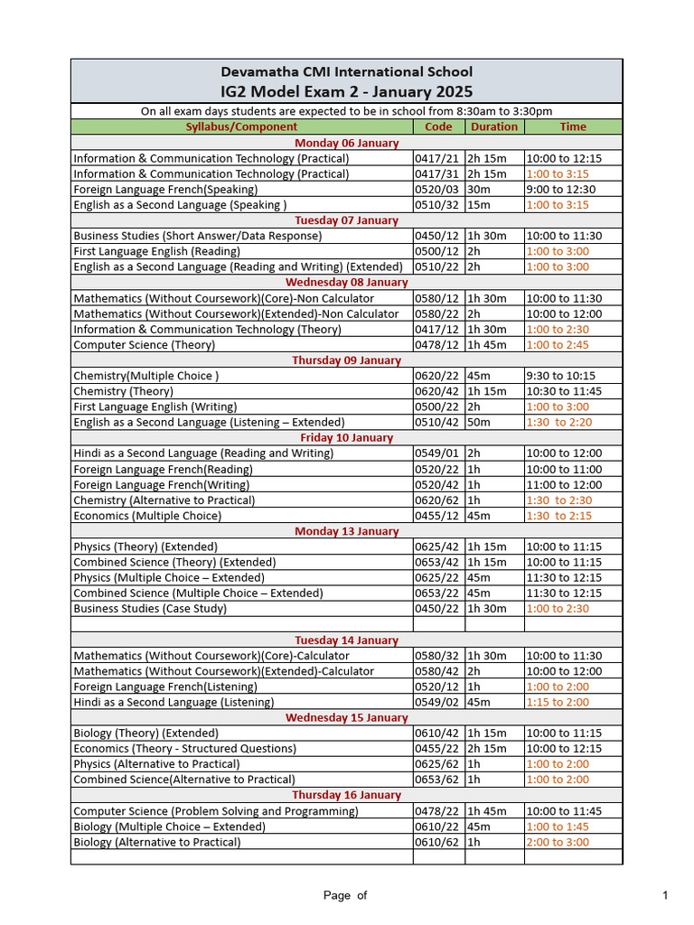 IGCSE Model Exam 2 Jan 2025 Timetable | PDF | Science | Physics