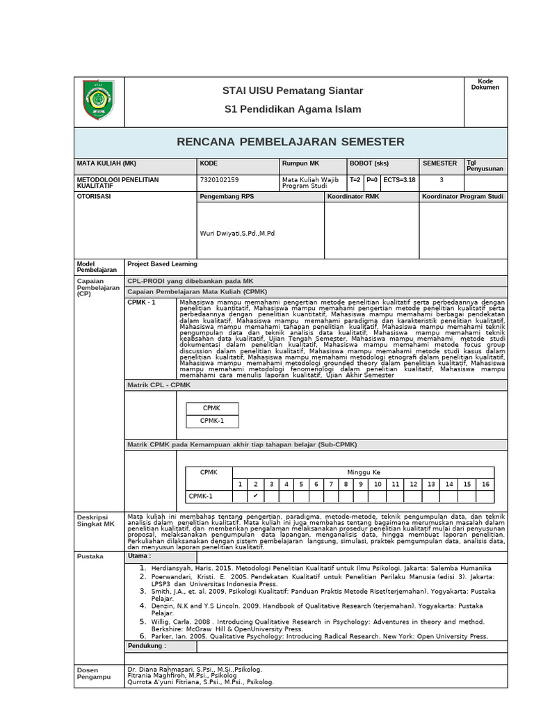 RPS Metodologi Penelitian Kualitatif Pai | PDF