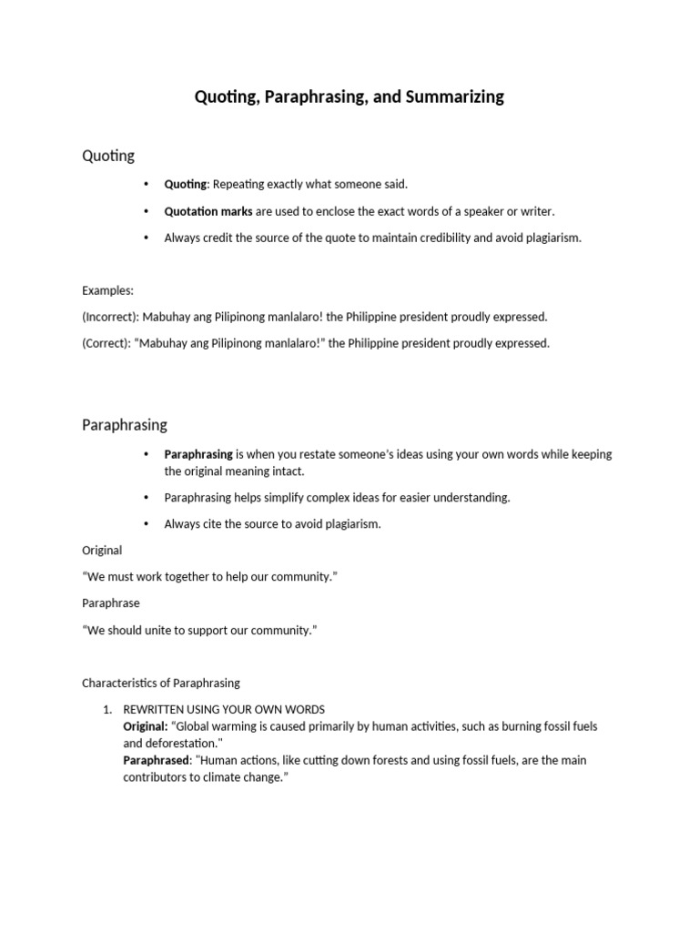 Notes Quoting Paraphrasing and Summarizing | PDF | Climate Change ...