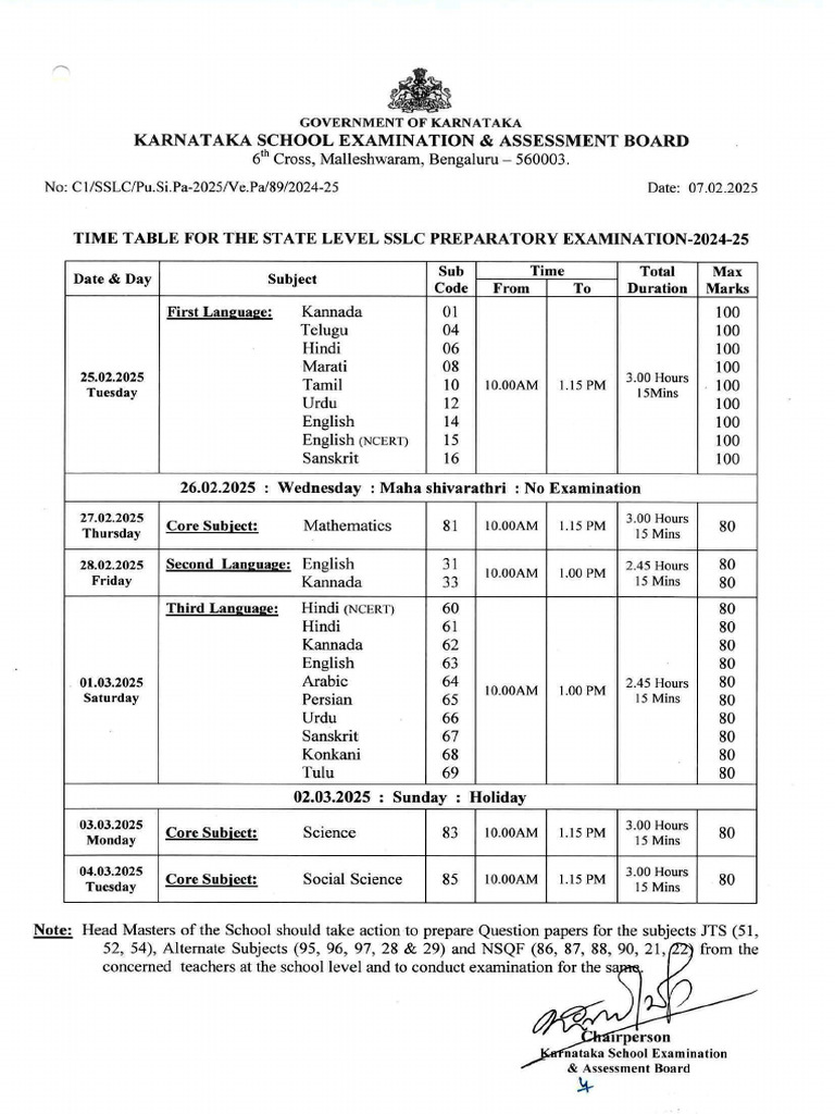 Time Table for State Level SSLC Preparatory Examination 2024-25_0001 | PDF