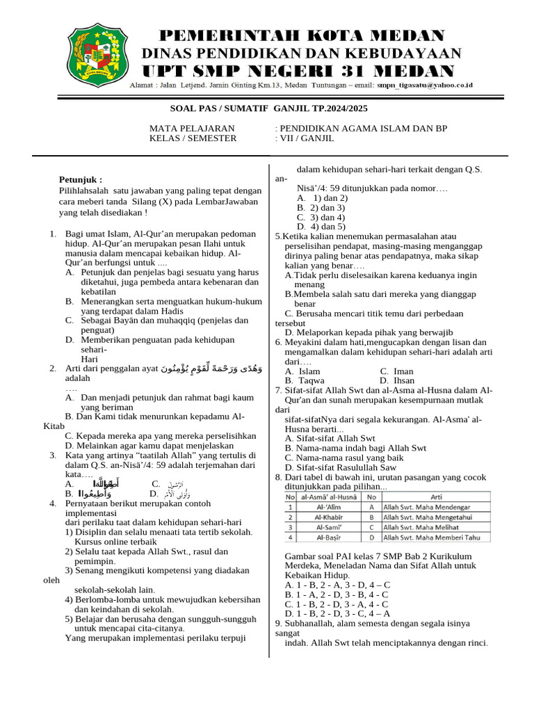 Naskah Soal PAS Ganjil Agama Islam Kls VII 2024 | PDF