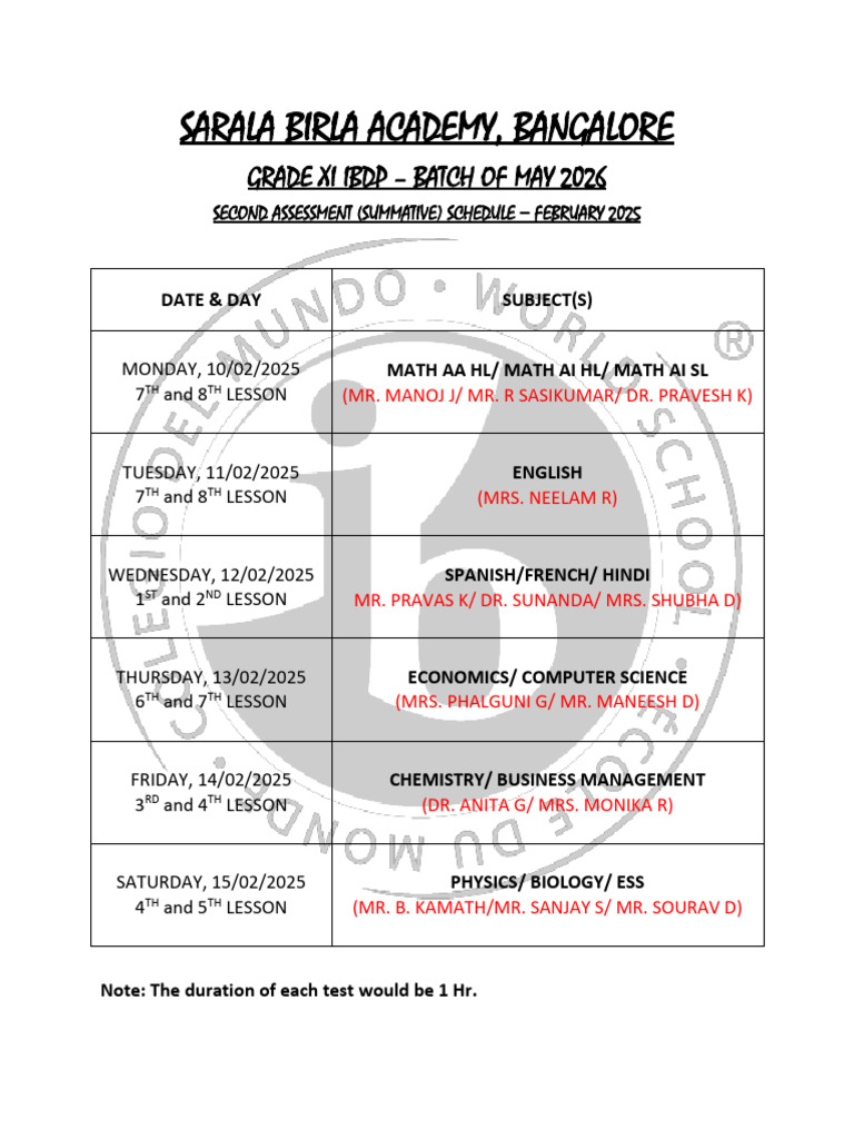 1.ibdp Grade Xi-Second Assessment Schedule | PDF