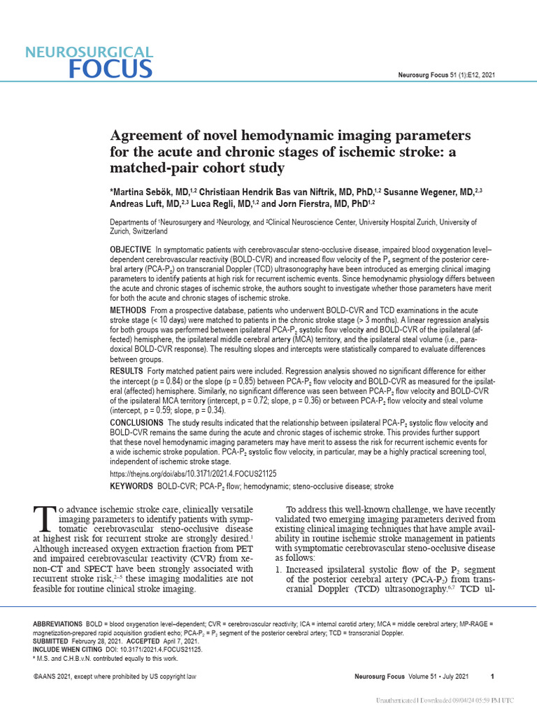 Neurosurg Focus Article Pe12 | PDF | Stroke | Ischemia