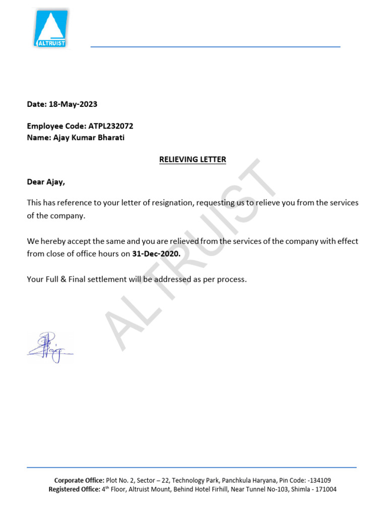 Relieving Letter for Ajay Kumar Bharati | PDF