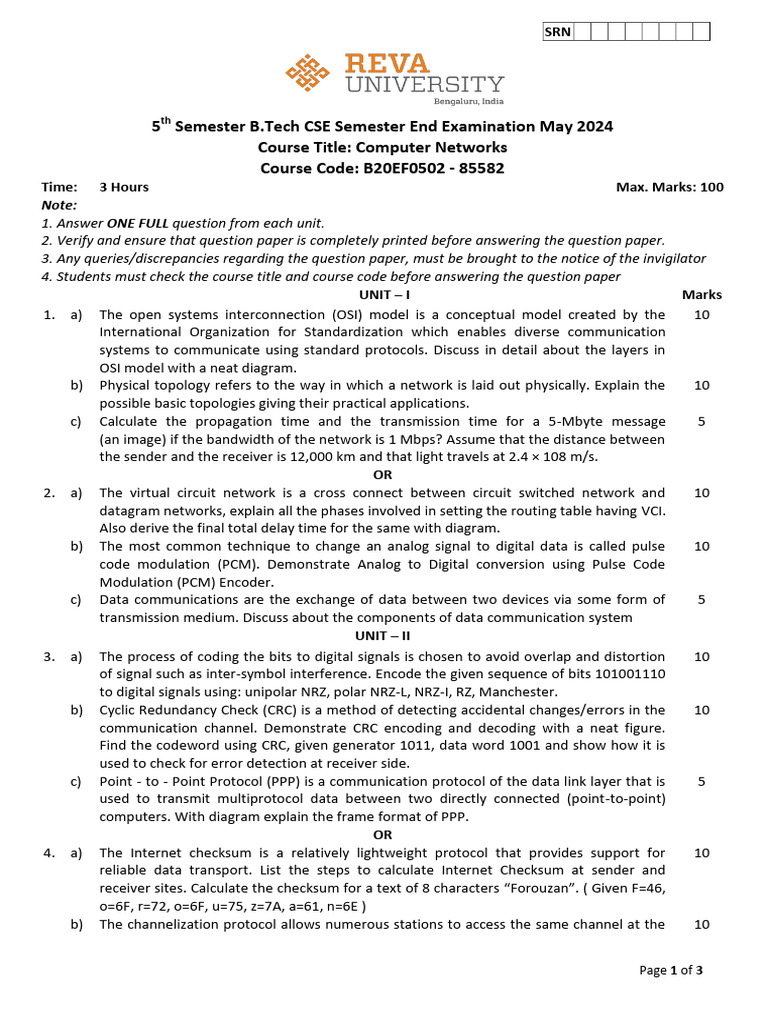 B.Tech CSE 5th Sem Computer Networks Exam | PDF | Internet Protocols | Computer Network