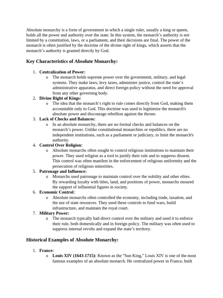 Absolute monarchy is a form of government in which a single ruler | PDF ...