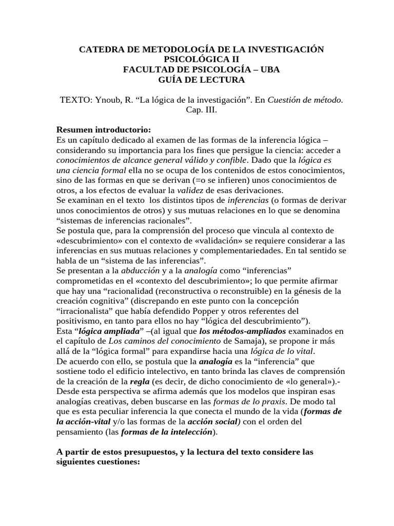 Guía de Lectura. INFERENCIAS Cap. III CUESTION DE METODO | PDF ...
