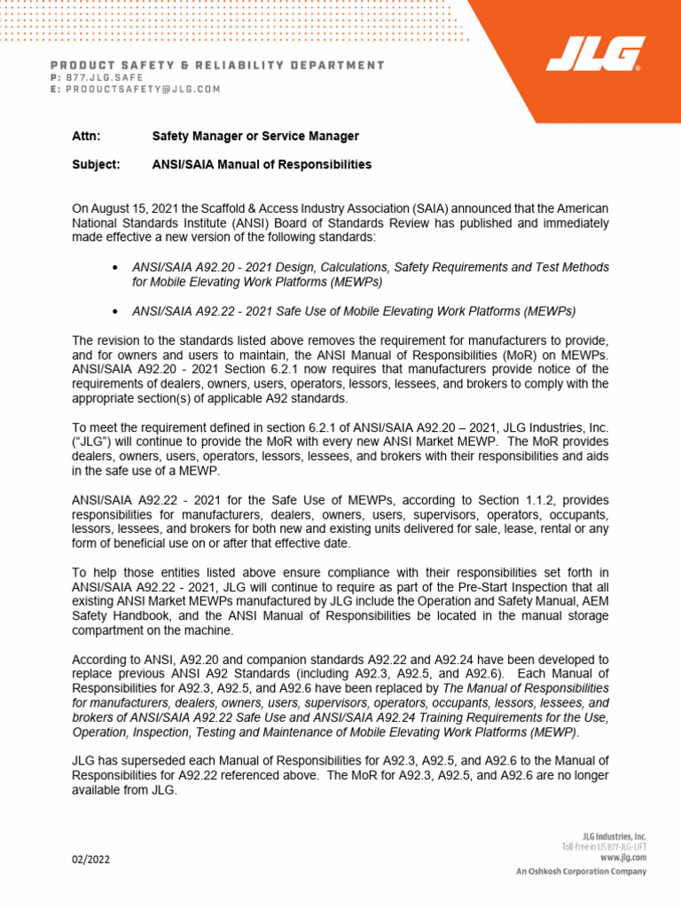 ANSI A92 Update For MEWP Manual of Responsibilities | PDF | Lease
