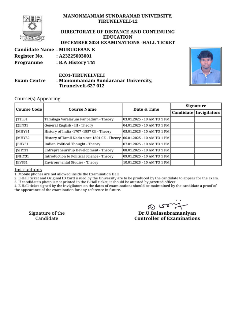 Dde Centre Exam Hall Ticket Ms View - PHP | PDF