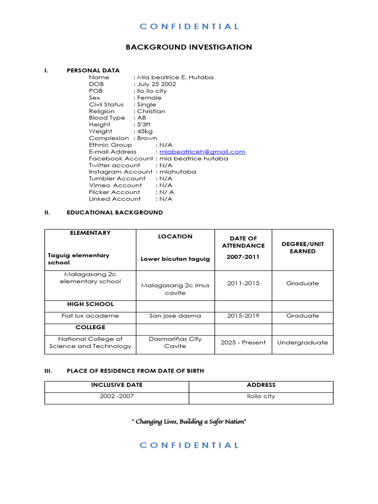 Background Investigation Format - Mahan | PDF