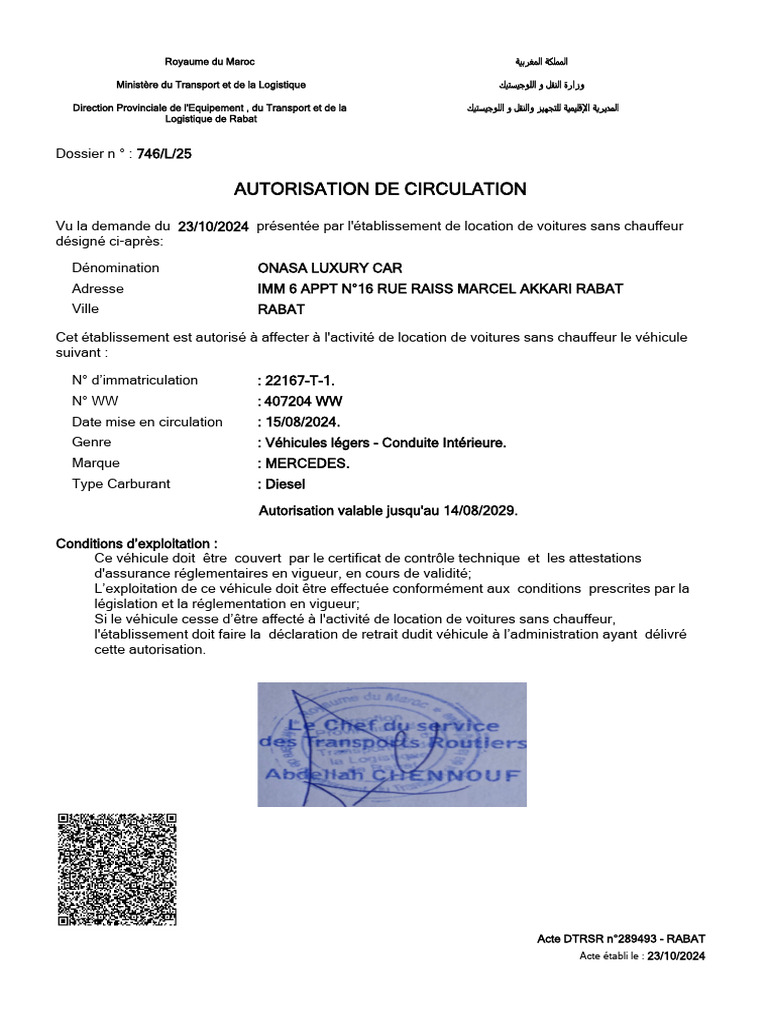 Autorisation de circulation ONASA LUXURY CAR | PDF