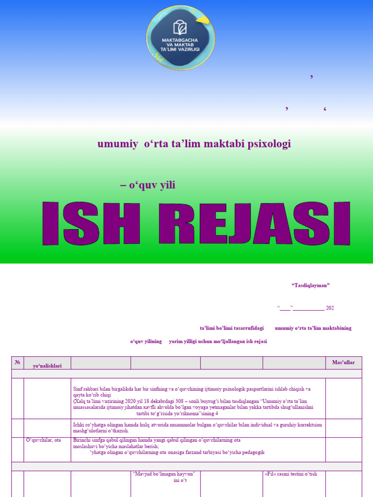 Psixolog 2 Yarim Yillik Ish Rejasi 1 | PDF