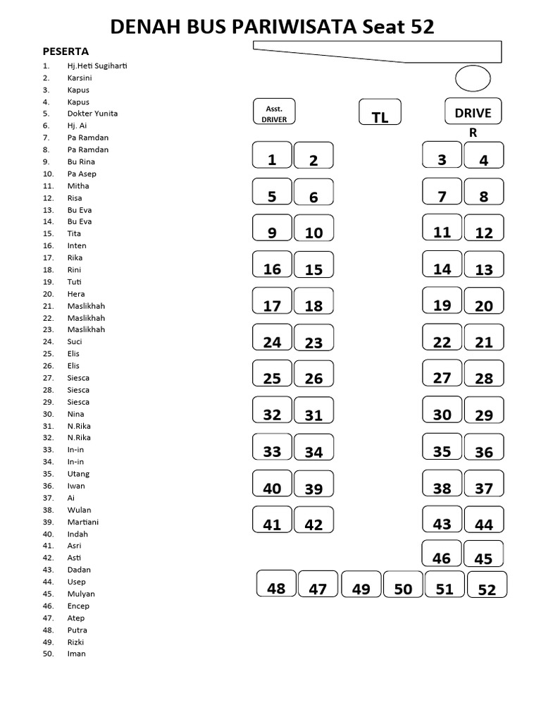 Toaz - Info Denah Bus Pariwisata Seat 52 Peserta PR | PDF