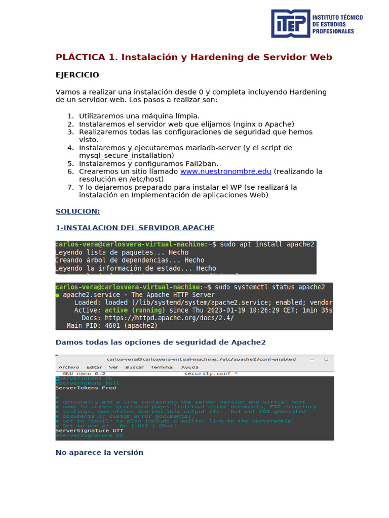 Práctica 1. Instalación y hardening servidor Web_Carlos_Vera | PDF