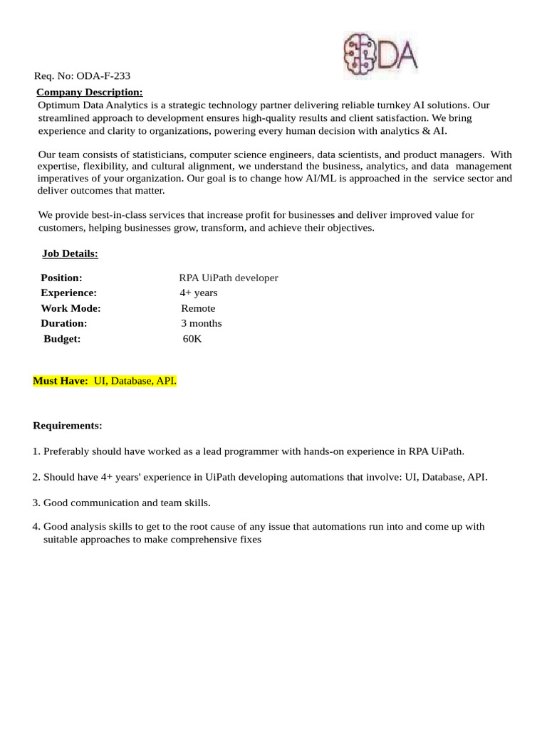 RPA UiPath Developer - ODA-F-233 | PDF