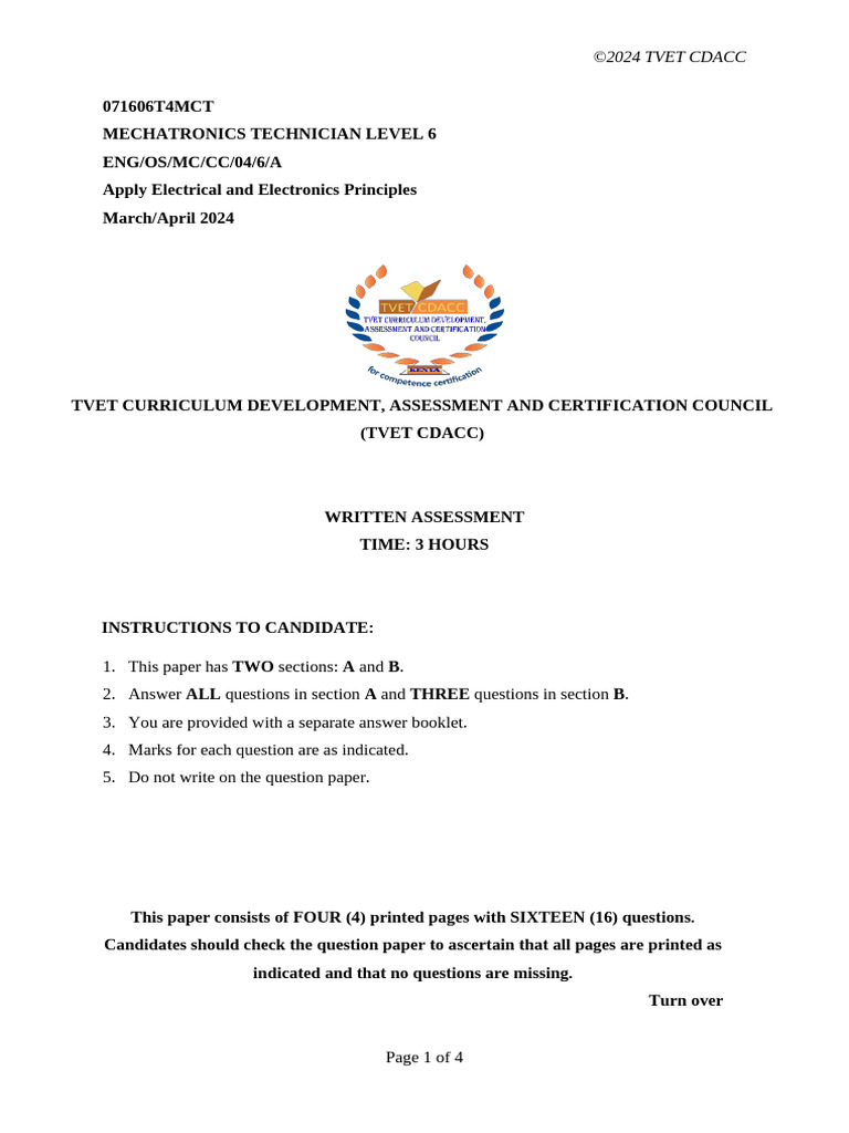 Mechatronics Technician Level 6 Assessment | PDF | Ac Power | Rectifier