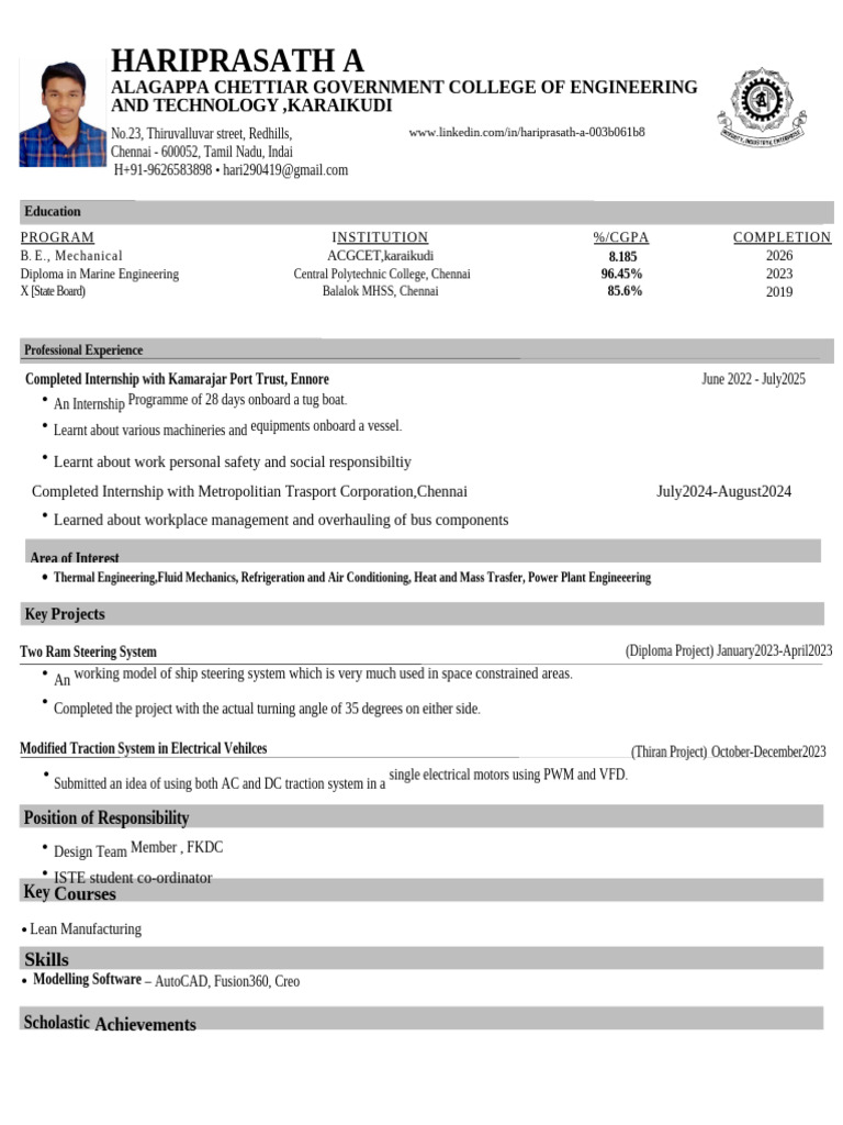 Resume_one_page_ACGCET[1] | PDF | Electrical Engineering | Mechanical ...