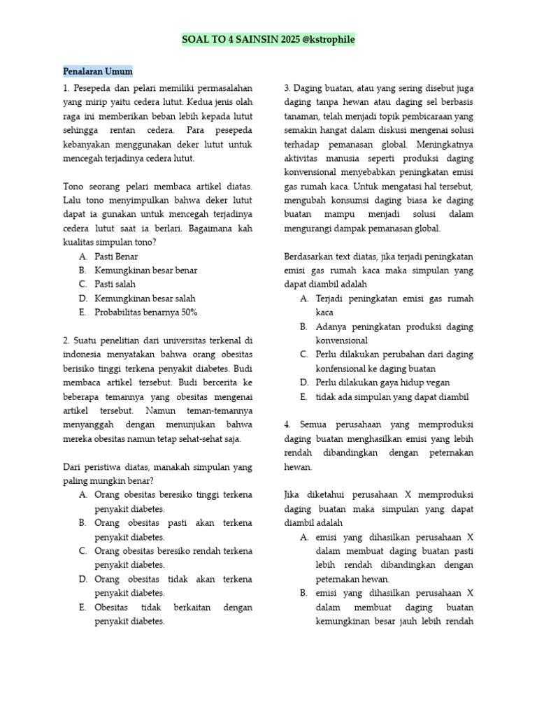 Soal TO Sainsin 2025 dan Simpulan | PDF