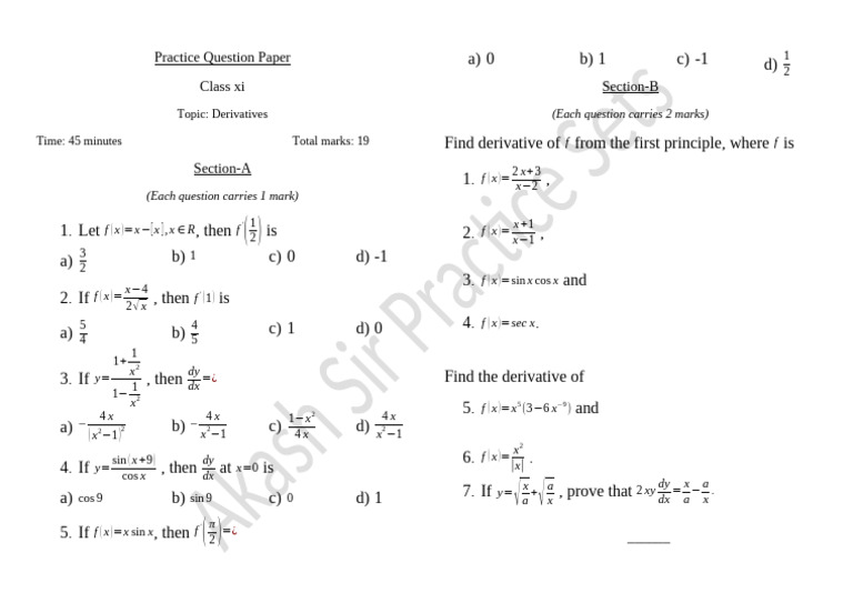 Class XI Derivatives Practice Paper | PDF