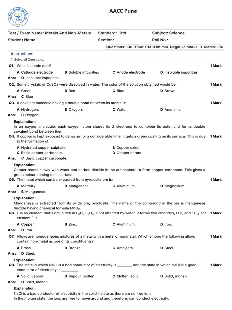 Metals and Non-Metals Quiz Questions | PDF | Metals | Iron