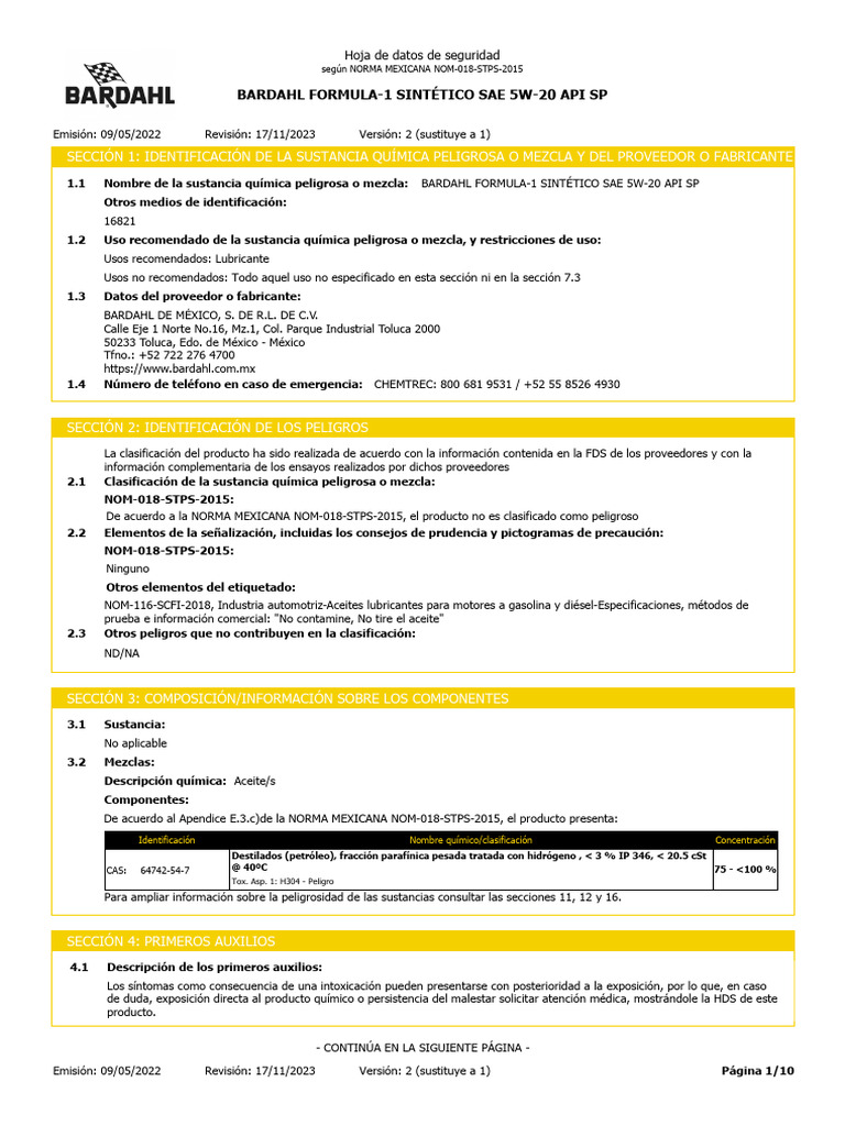 Hoja de Seguridad Bardahl 5W-20 API SP | PDF | Materiales