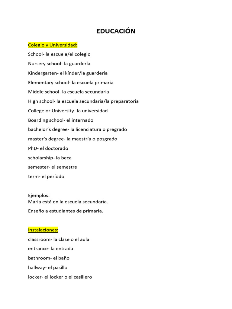 Vocabulario Esencial sobre Educación | PDF | Escuelas | Lengua española