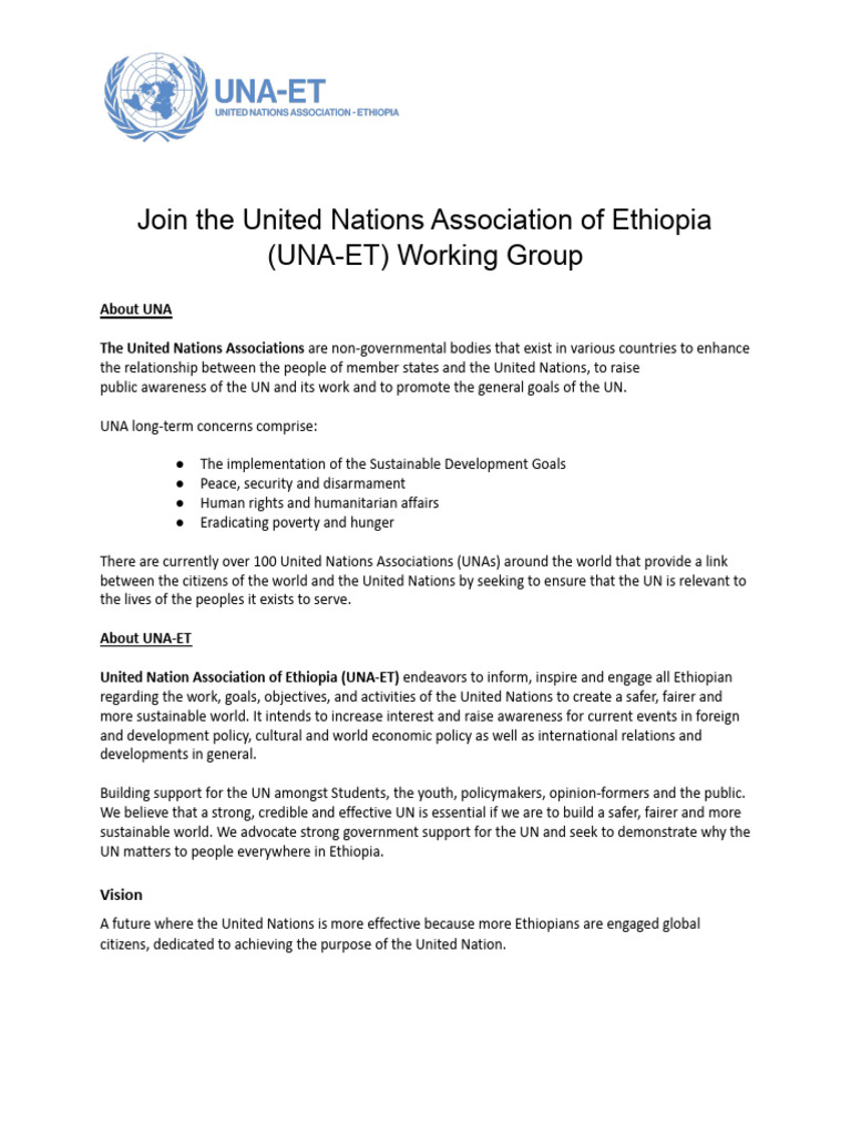 Join The United Nations Association of Ethiopia (UNA-ET) Working Group ...
