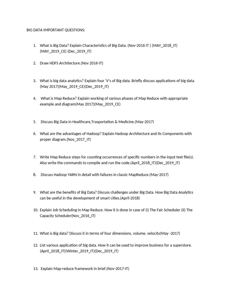 Big Data Important Questions | PDF | Apache Hadoop | Map Reduce