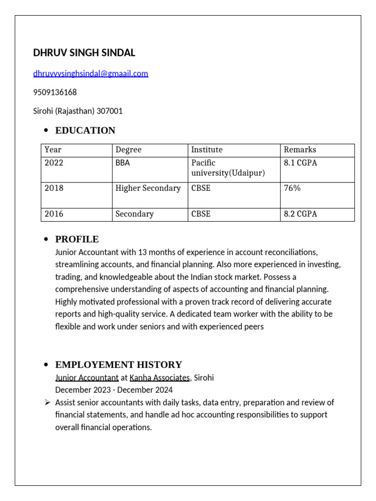 Dhruv Singh Sindal CV | PDF