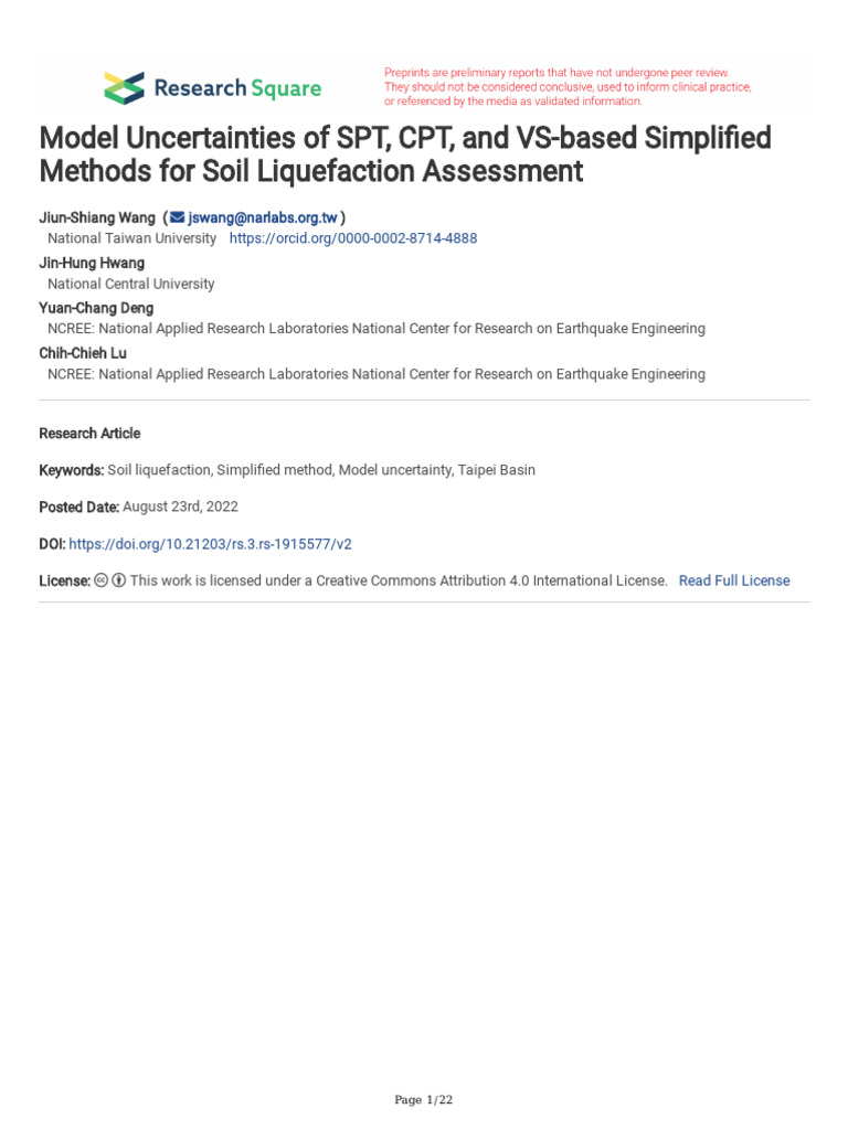 Model Uncertainties of SPT, CPT, and VS-based Simpli Ed Methods For ...