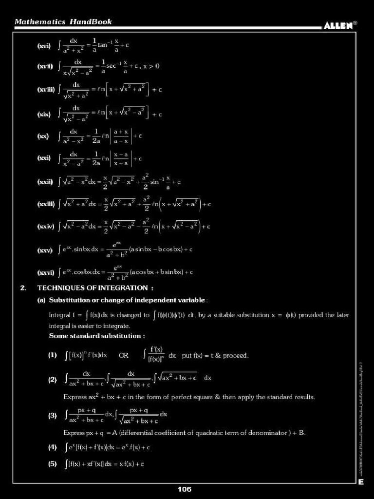 INDEFINITE INTEGRATION FORMULAS | PDF