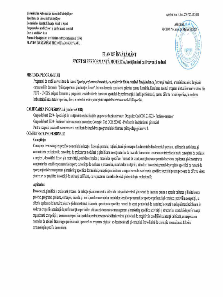 Plan de Invatamant SPM IFR 2024 2027 Anul Ic | PDF