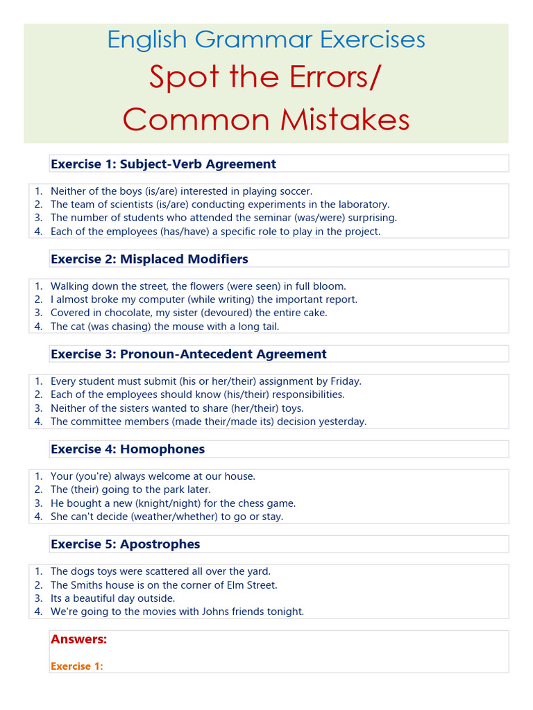 Grammar Exercises - Spot The Errors-Common Mistakes | PDF