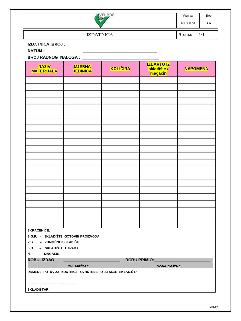 Izdatnica Materijala VB-PV | PDF