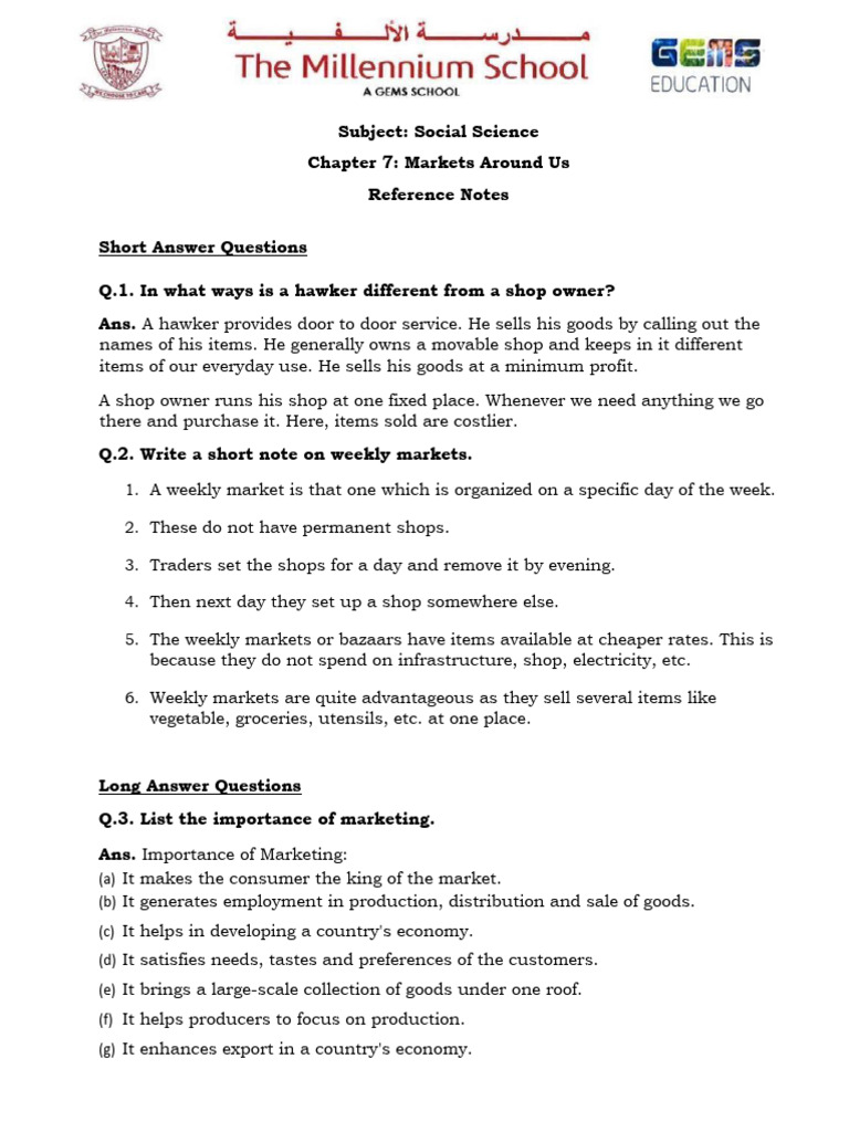 Grade 7 - Markets Around Us - Reference Notes | PDF | Retail | Goods