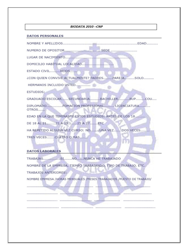 Cuestionario Biodata 2010 CNP | PDF