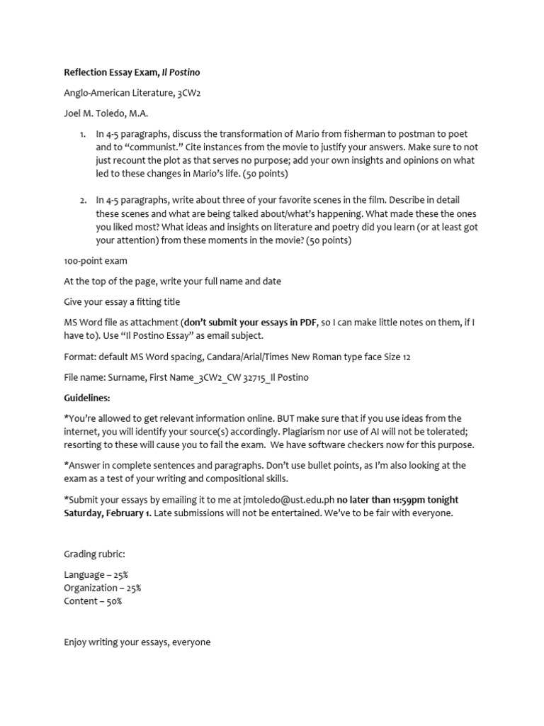 Il Postino Reflection Essay Guide | PDF